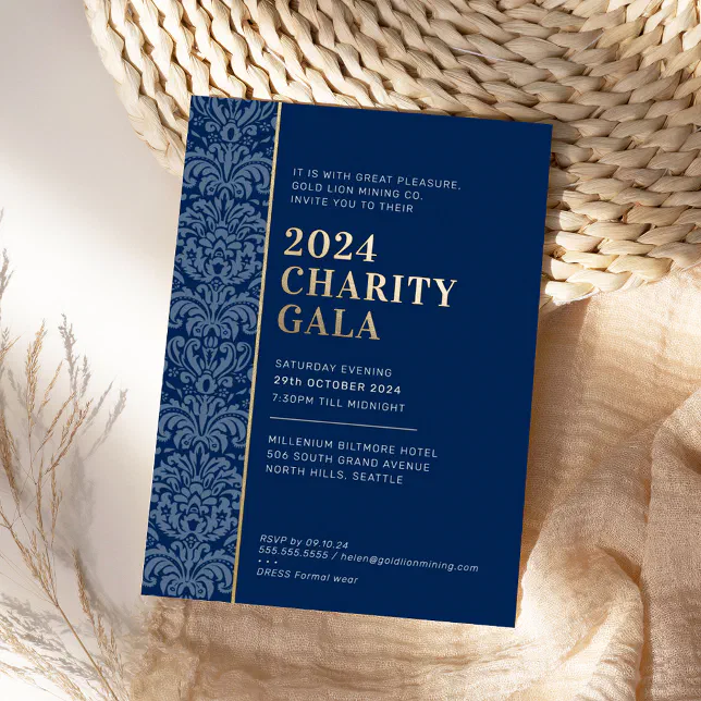 GALA BALL modern elegant event navy blue gold Foil Invitation | Zazzle