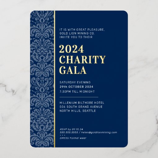 GALA BALL modern elegant event navy blue gold Foil Invitation | Zazzle