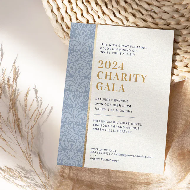 GALA BALL simple elegant damask dark blue gold Invitation | Zazzle