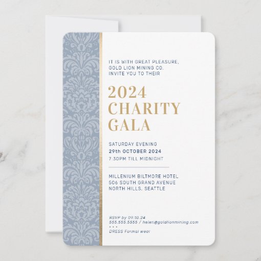 GALA BALL simple elegant damask dark blue gold Invitation | Zazzle