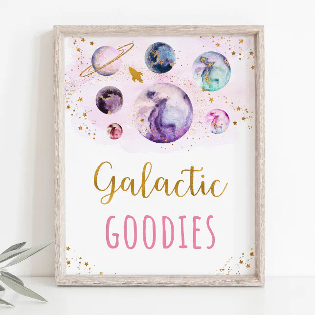 Galactic Goodies Pink Gold Space Birthday Poster | Zazzle