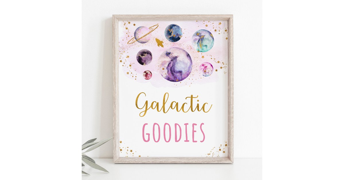 Galactic Goodies Pink Gold Space Birthday Poster | Zazzle