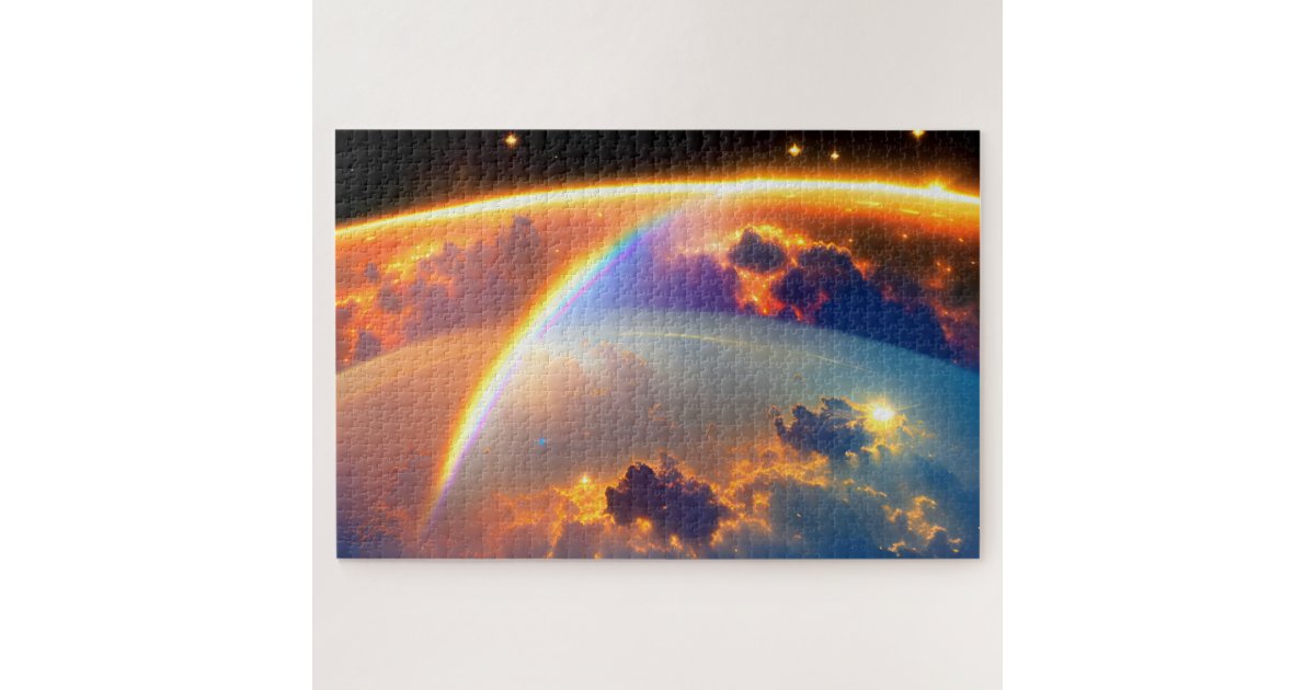 Galactic Rainbows Over Cloudy Earth Under Cosmos Jigsaw Puzzle | Zazzle