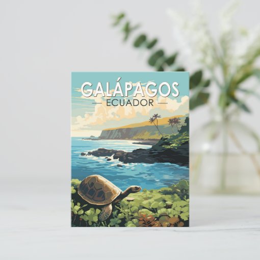 Galapagos Islands Giant Tortoise Travel Art Retro Postcard | Zazzle