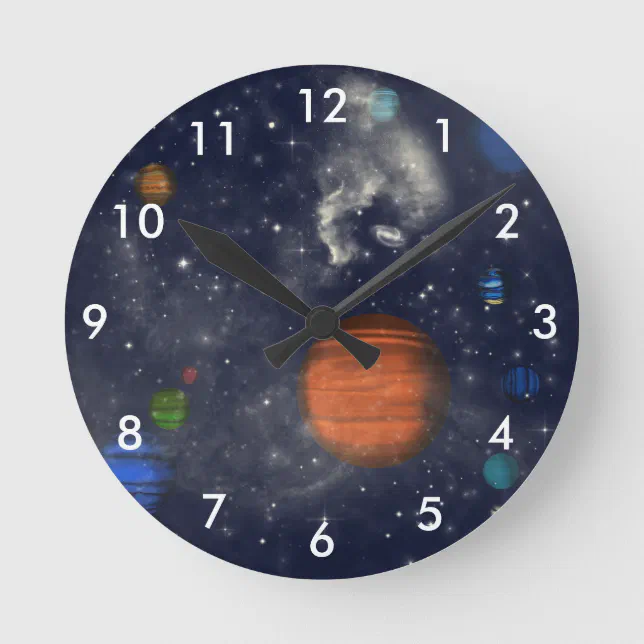 Galaxies with stars and planets in space round clock | Zazzle