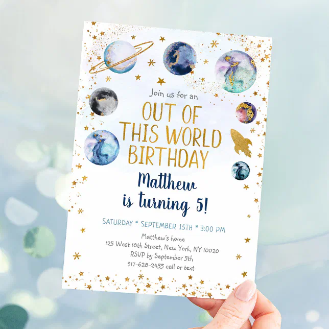 Galaxy Blue Gold Out Of This World Birthday Invitation | Zazzle