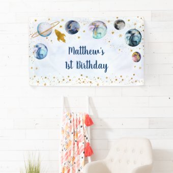 Galaxy Blue Gold Outer Space Birthday Banner | Zazzle