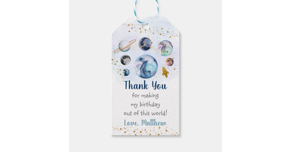 Galaxy Blue Gold Outer Space Birthday Gift Tags | Zazzle
