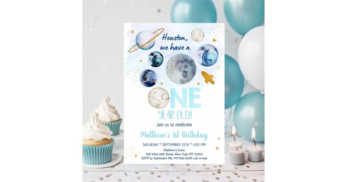 Galaxy Blue Gold Outer Space First Birthday Invitation | Zazzle