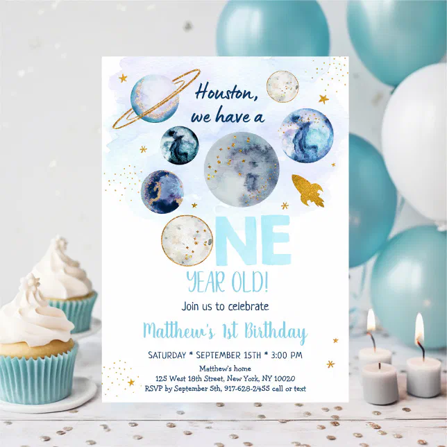Galaxy Blue Gold Outer Space First Birthday Invitation | Zazzle