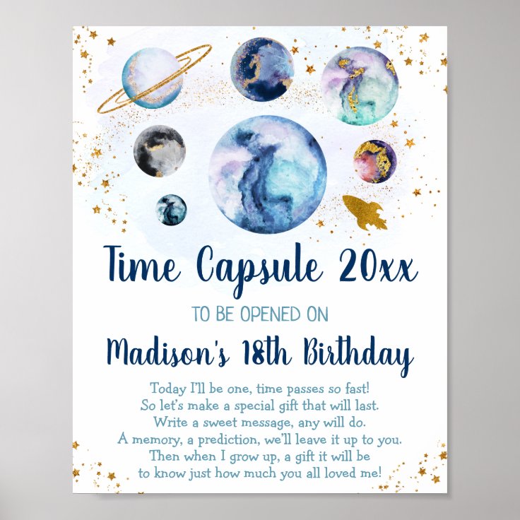 Galaxy Blue Gold Space Time Capsule 1st Birthday Poster | Zazzle
