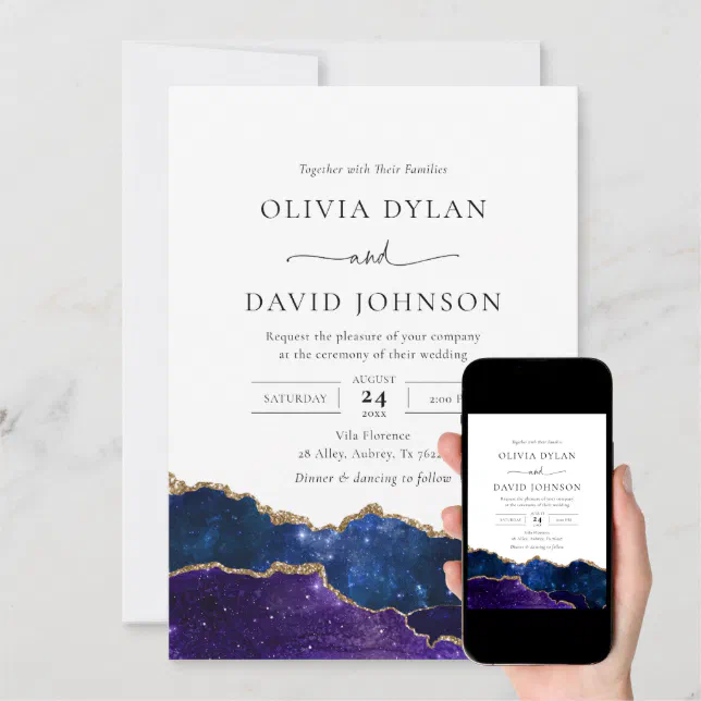 Galaxy Blue Purple Gold Agate Wedding Invitation | Zazzle