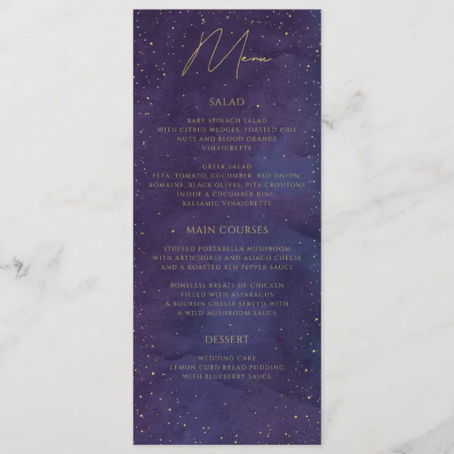 Galaxy Celestial Starry Night Purple Gold Wedding Menu | Zazzle