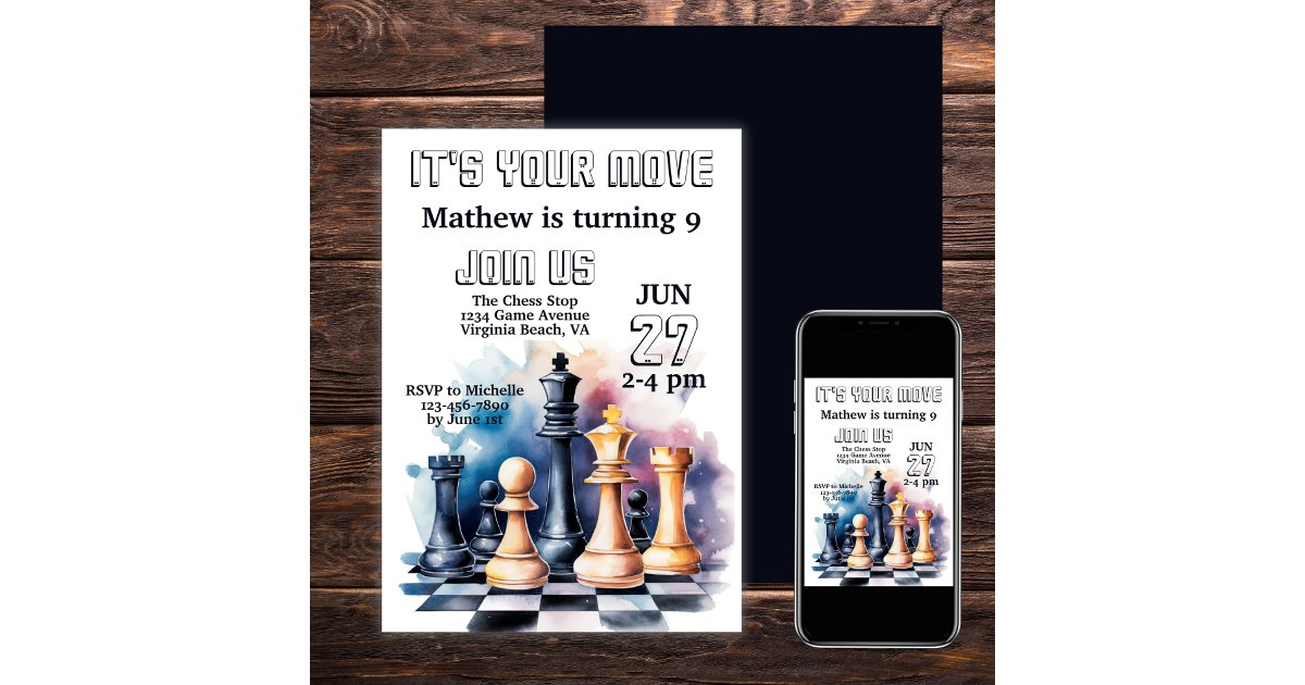 Galaxy Chess Pieces Modern Chess Birthday Invitation | Zazzle