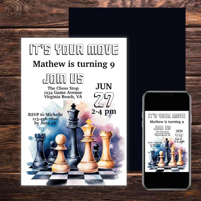 Galaxy Chess Pieces Modern Chess Birthday Invitation | Zazzle