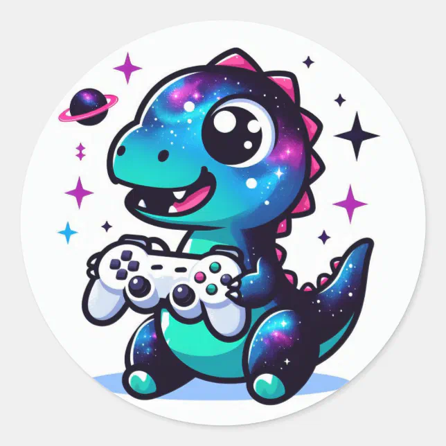 Galaxy Dinosaur with game controller Classic Round Sticker | Zazzle