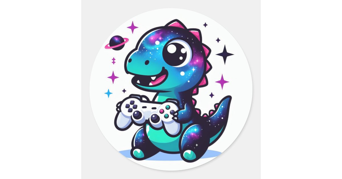 Galaxy Dinosaur with game controller Classic Round Sticker | Zazzle