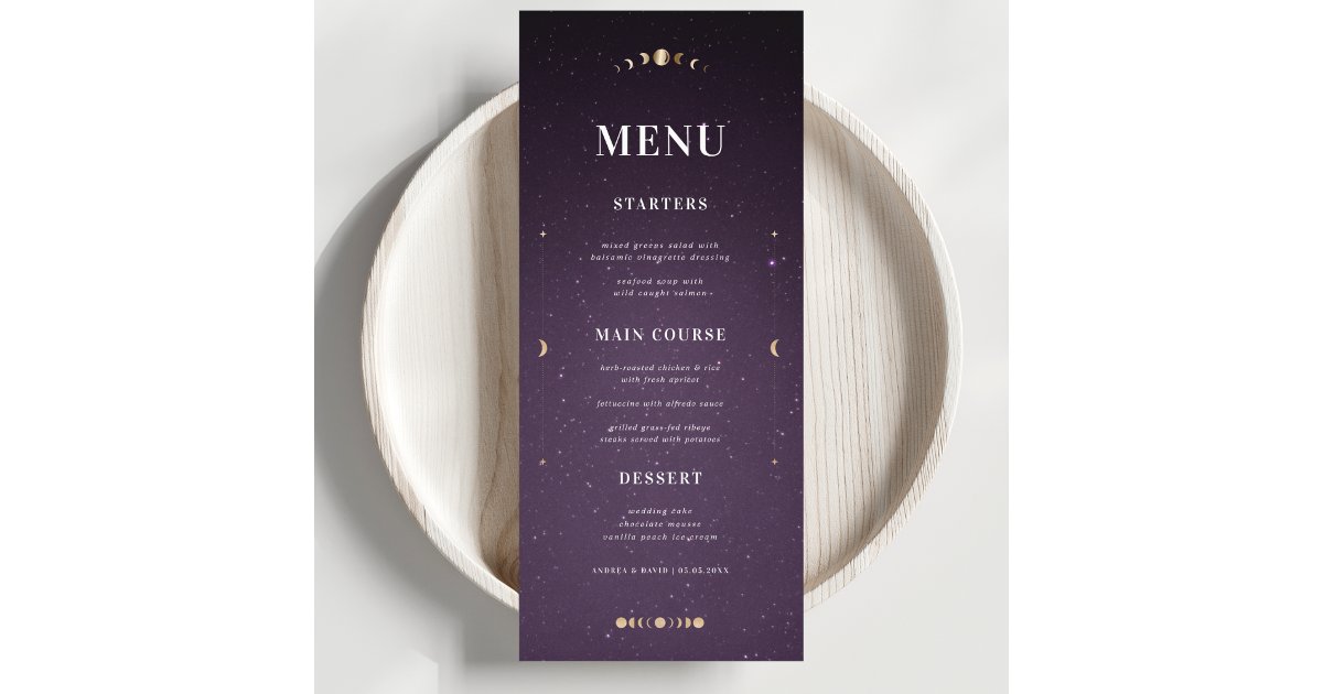 Galaxy Gold Moon Celestial Wedding Dinner Menu | Zazzle