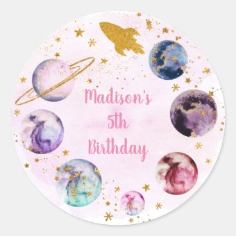 Galaxy Pink Gold Outer Space Birthday Classic Round Sticker | Zazzle