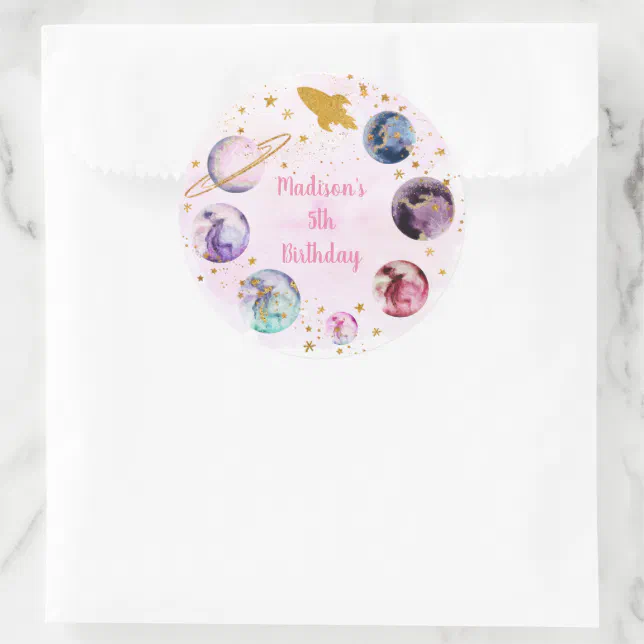 Galaxy Pink Gold Outer Space Birthday Classic Round Sticker | Zazzle