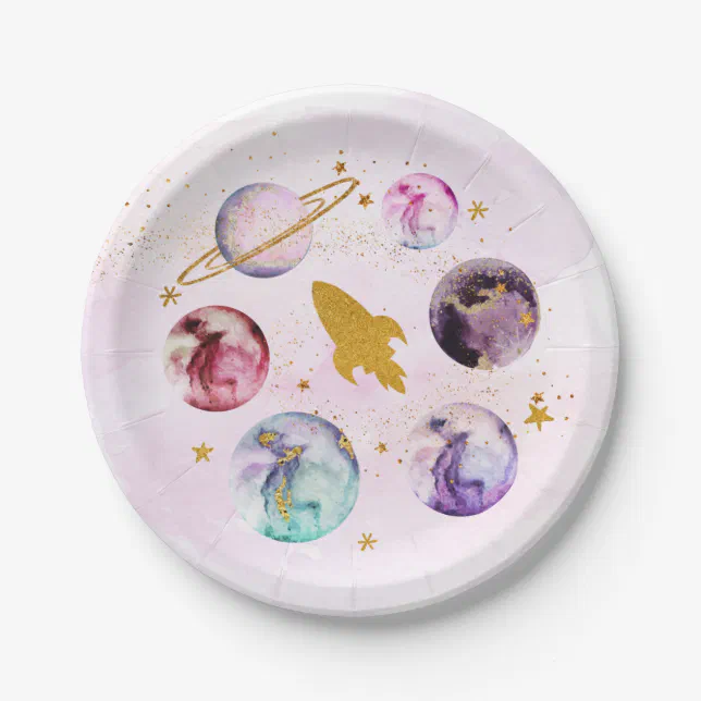 Galaxy Pink Gold Outer Space Birthday Paper Plates | Zazzle
