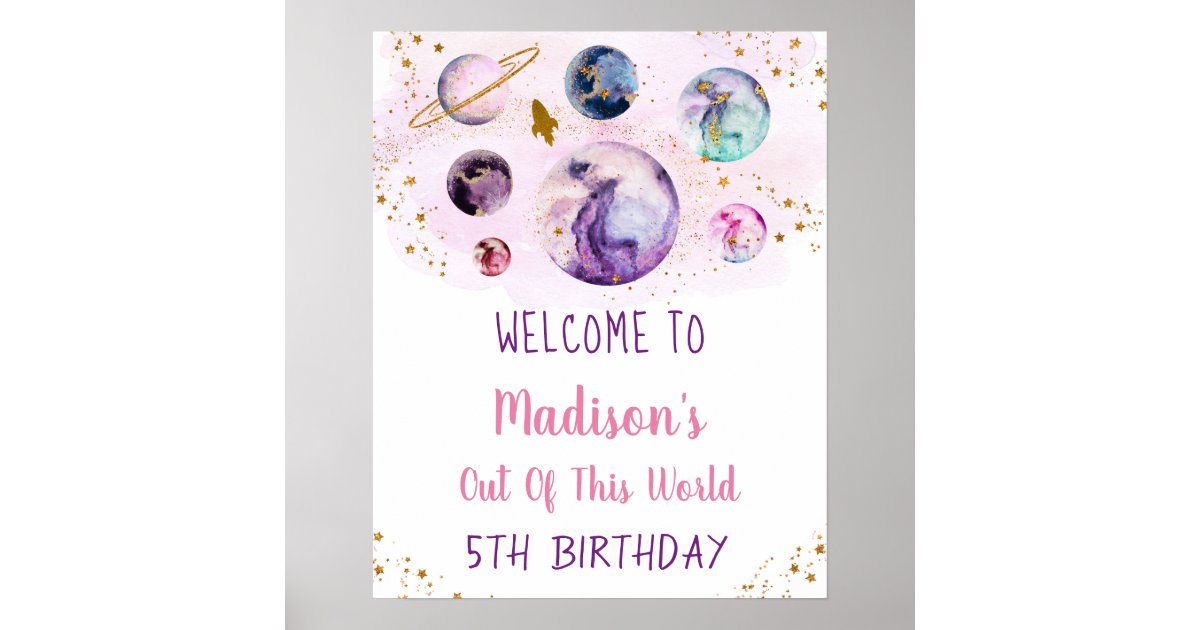 Galaxy Pink Gold Outer Space Birthday Welcome Poster | Zazzle
