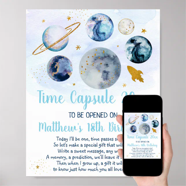 Galaxy Pink Gold Space Time Capsule 1st Birthday Poster | Zazzle