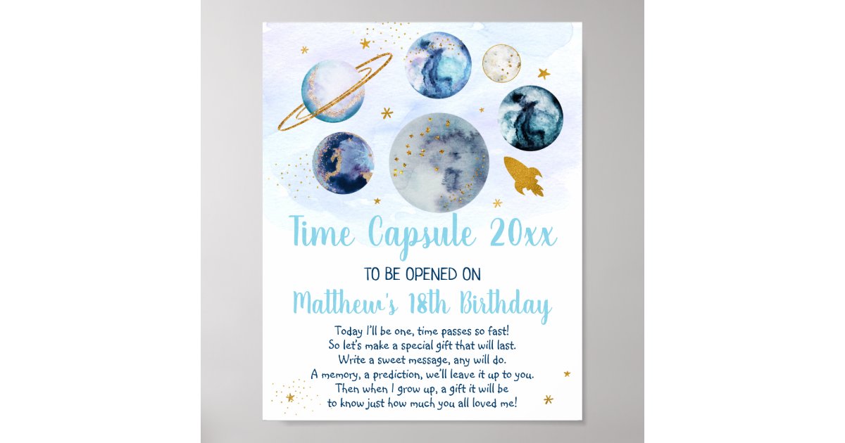 Galaxy Pink Gold Space Time Capsule 1st Birthday Poster | Zazzle