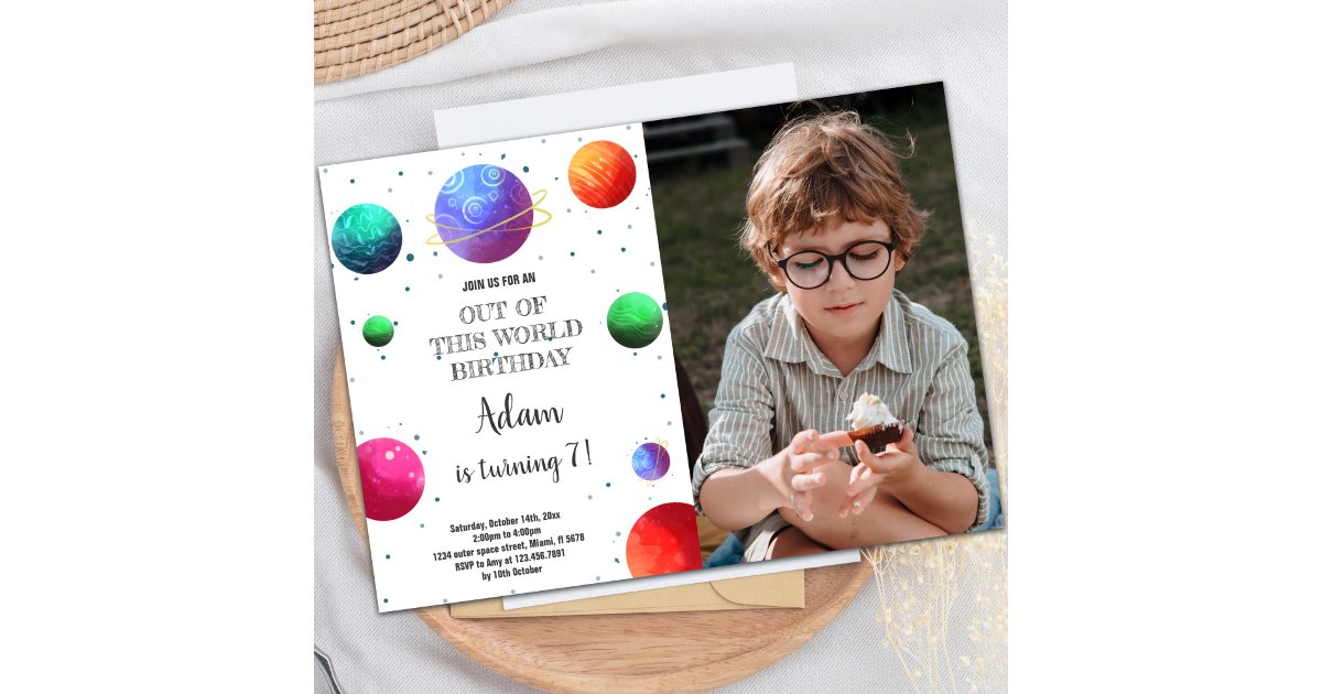 Galaxy Planets Birthday Invitation with Photo | Zazzle