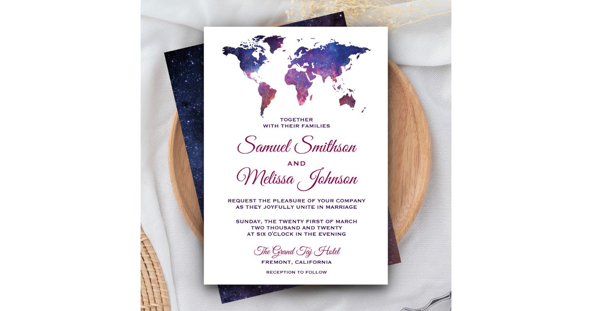 Galaxy Space World Map Wedding Invitation | Zazzle