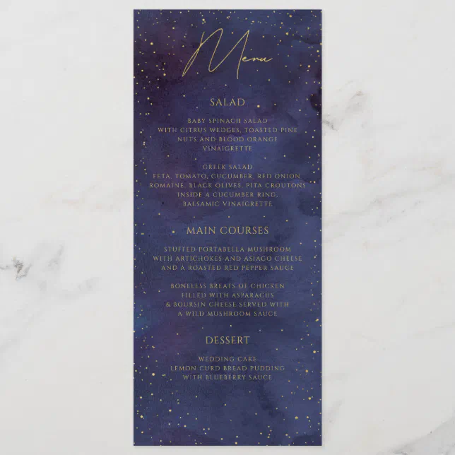 Galaxy Starry Night Celestial Purple Gold Wedding Menu | Zazzle