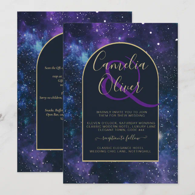 Galaxy Starry Night Purple Blue Gold Wedding Invitation | Zazzle