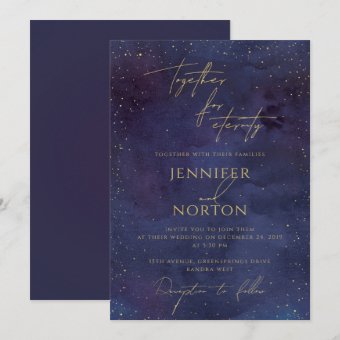 Galaxy Starry Night Sky Blue Purple Gold Wedding Invitation | Zazzle