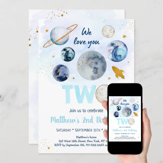 Galaxy Two The Moon Blue Gold Outer Space Birthday Invitation Zazzle