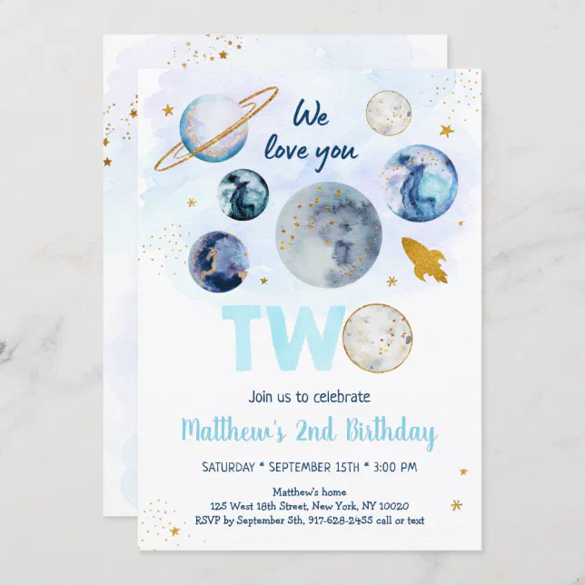 Galaxy Two The Moon Blue Gold Outer Space Birthday Invitation Zazzle