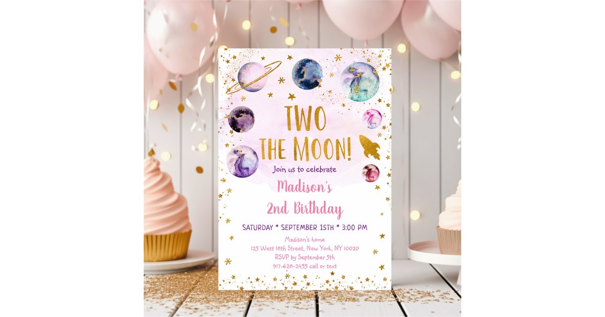 Galaxy Two The Moon Pink Gold Outer Space Birthday Invitation | Zazzle