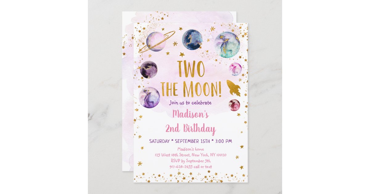 Galaxy Two The Moon Pink Gold Outer Space Birthday Invitation Zazzle