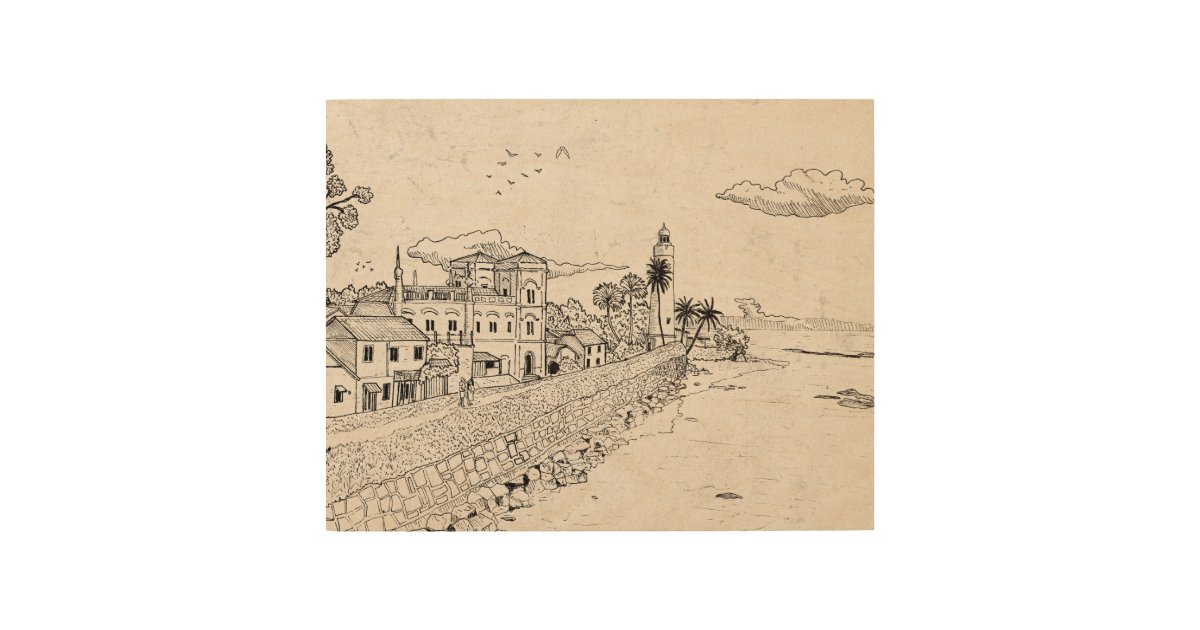 Galle Dutch Fort Sri Lanka Pen Ink Illustration Wood Wall Art | Zazzle
