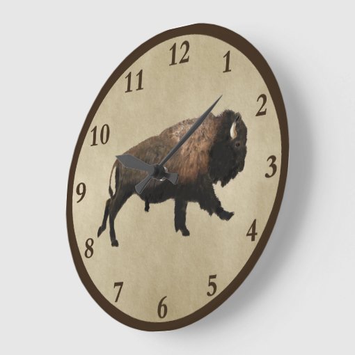 Galloping Bison On Old Paper Large Clock | Zazzle