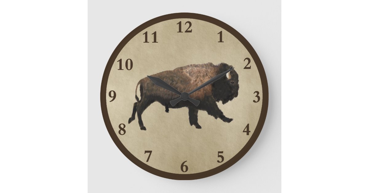 Galloping Bison On Old Paper Large Clock | Zazzle