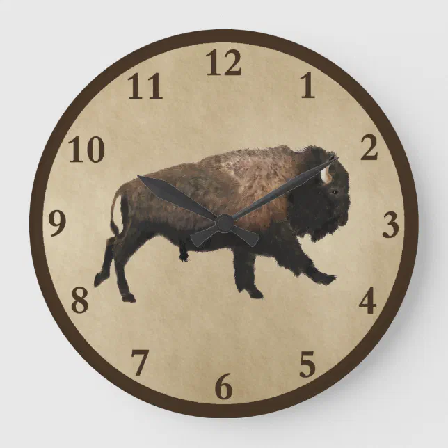 Galloping Bison On Old Paper Large Clock | Zazzle