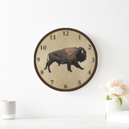 Galloping Bison On Old Paper Large Clock | Zazzle
