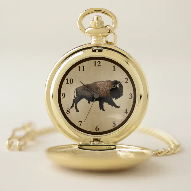 Galloping Bison On Old Paper Pocket Watch | Zazzle