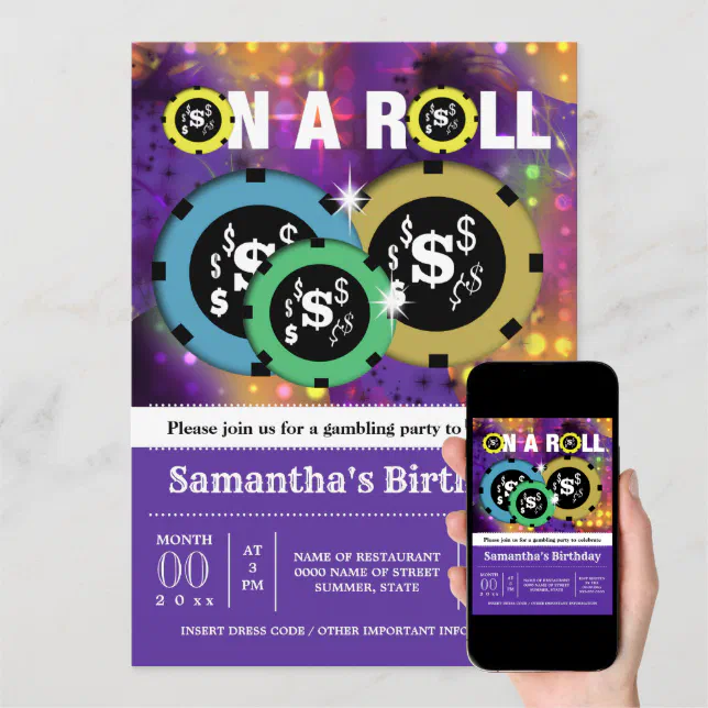Gambling roulette chips vegas party purple invitation | Zazzle