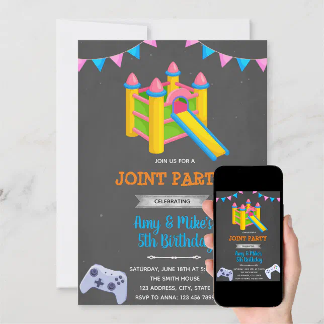Game and bounce house joint party invitation | Zazzle