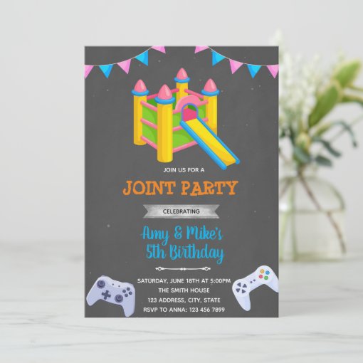 Game and bounce house joint party invitation | Zazzle