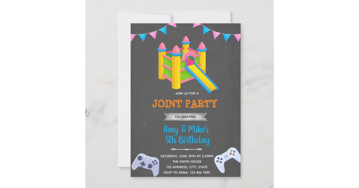 Game and bounce house joint party invitation | Zazzle