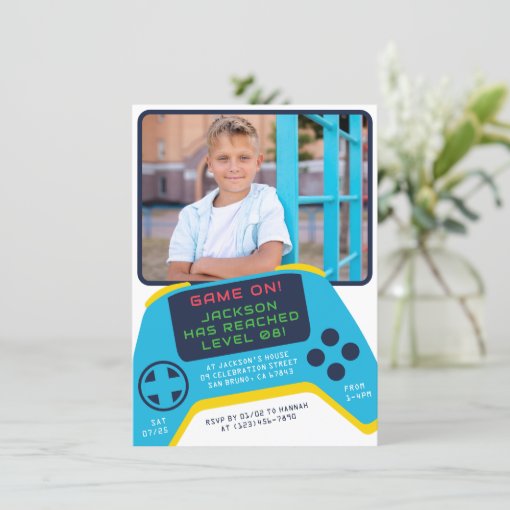 Game On | Cool Video Game Boy Birthday Party Photo Invitation | Zazzle