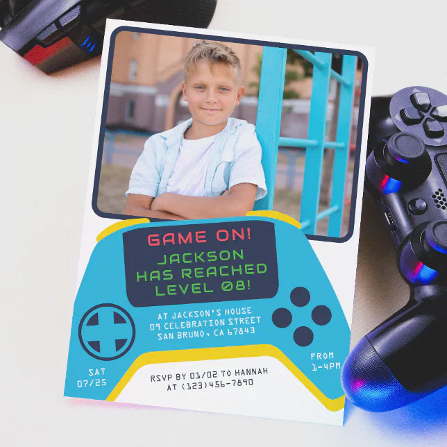 Game On | Cool Video Game Boy Birthday Party Photo Invitation | Zazzle