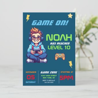 Game On Level Up Blue Video Game Birthday Party Invitation | Zazzle